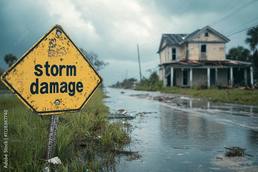 Storm damage warning sign in front of a destroyed house after hurricane ...