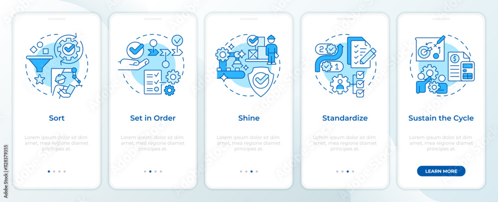 5S methodology blue onboarding mobile app screen. Walkthrough 5 steps editable graphic ...