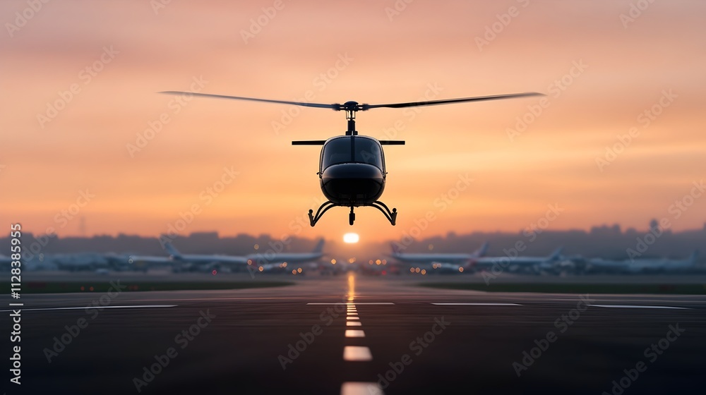 Aerial view of a helicopter flying above a busy international airport ...