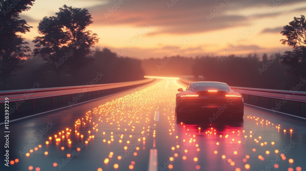 Futuristic and calming highway scene featuring a car surrounded by ...