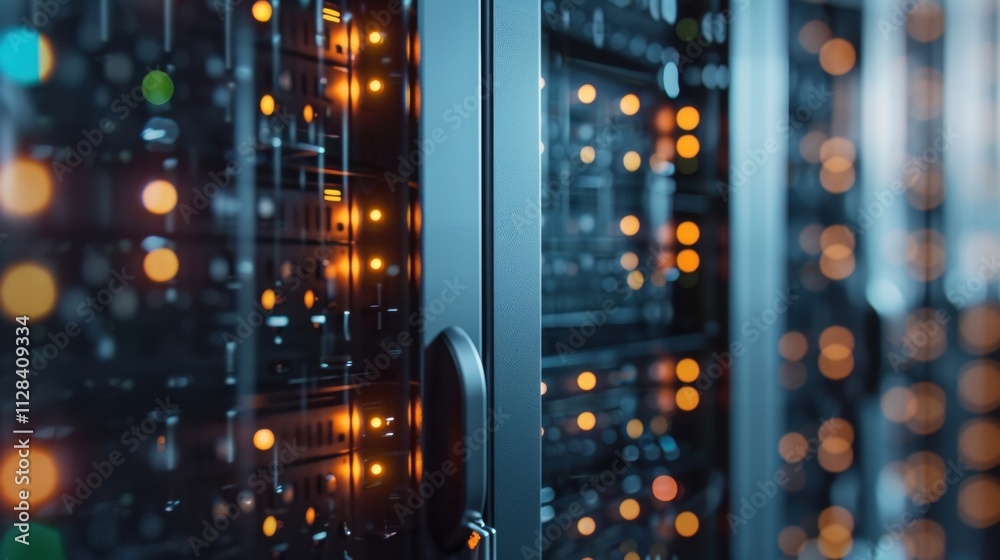 Close up of server racks with flashing lights in a data center, highlighting the complex ...
