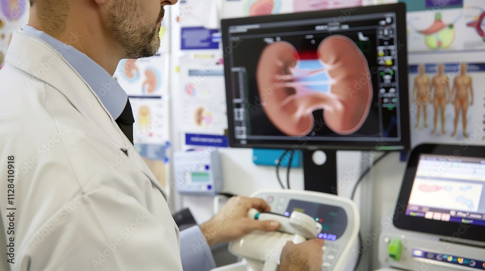 Male nephrologist using ultrasound to check kidney function with nephrology charts and ...