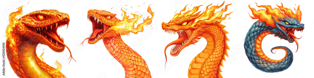 A collection of fierce and fiery fantasy dragon creatures breathing ...