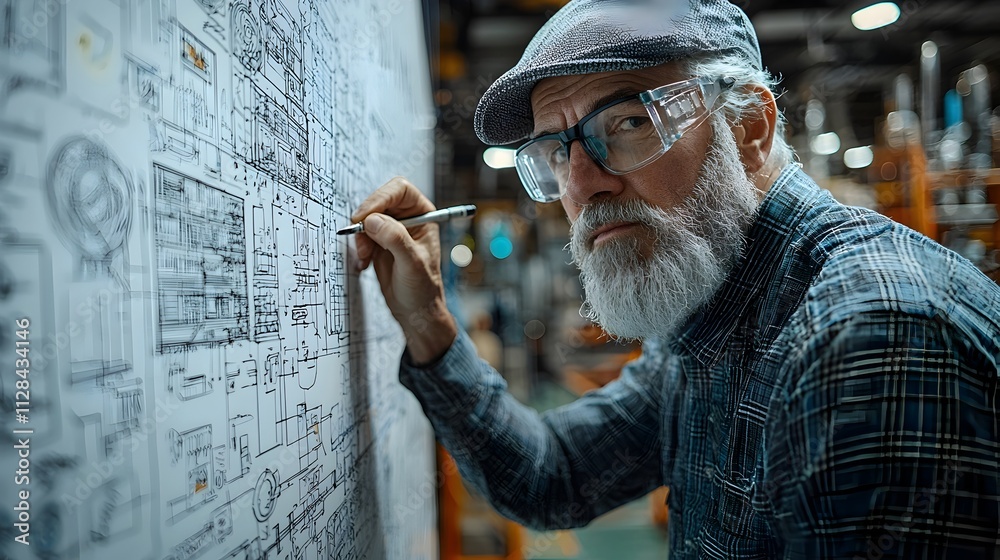 Engineer sketching mechanical diagrams and technical drawings of wind ...