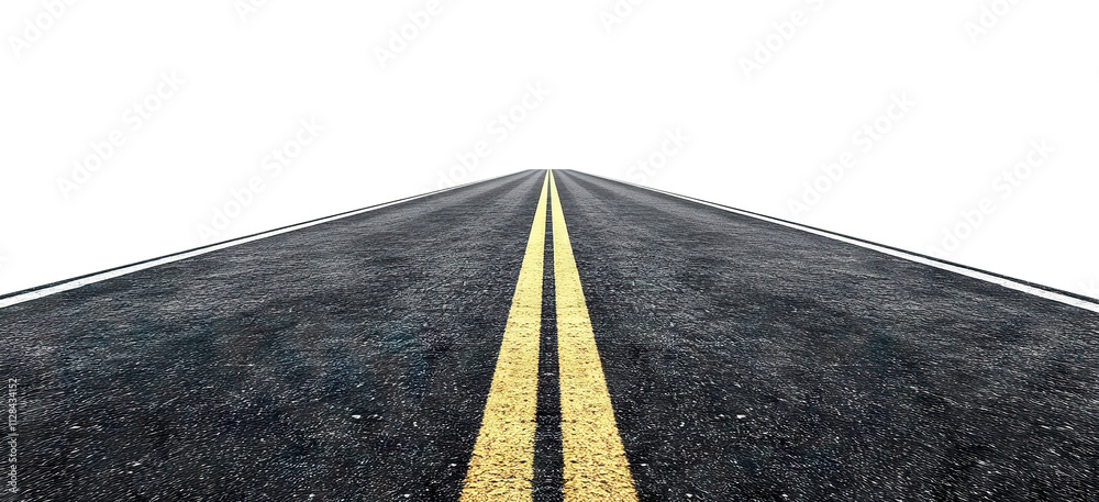 Perspective view of a long straight asphalt road with yellow double ...