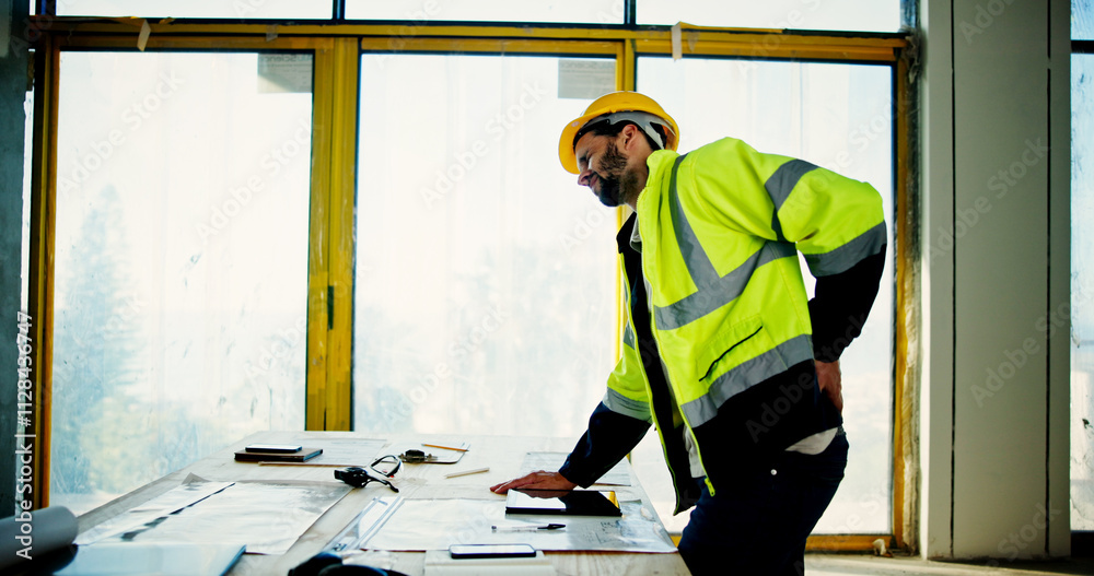 Back pain, construction worker and man in office with stress for injury ...