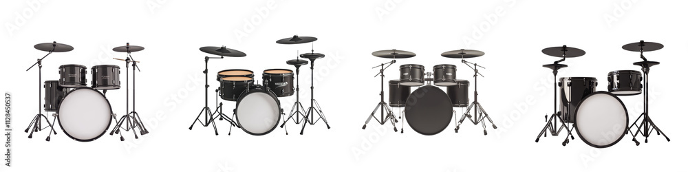 Variety of professional drum sets and percussion instruments on plain ...