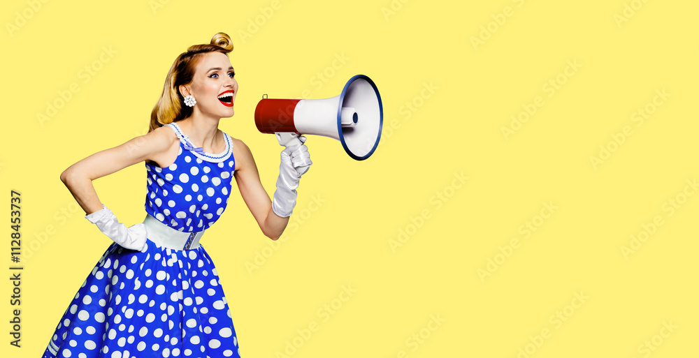 Image - happy pin up woman shout mega phone megaphone advertisement ...
