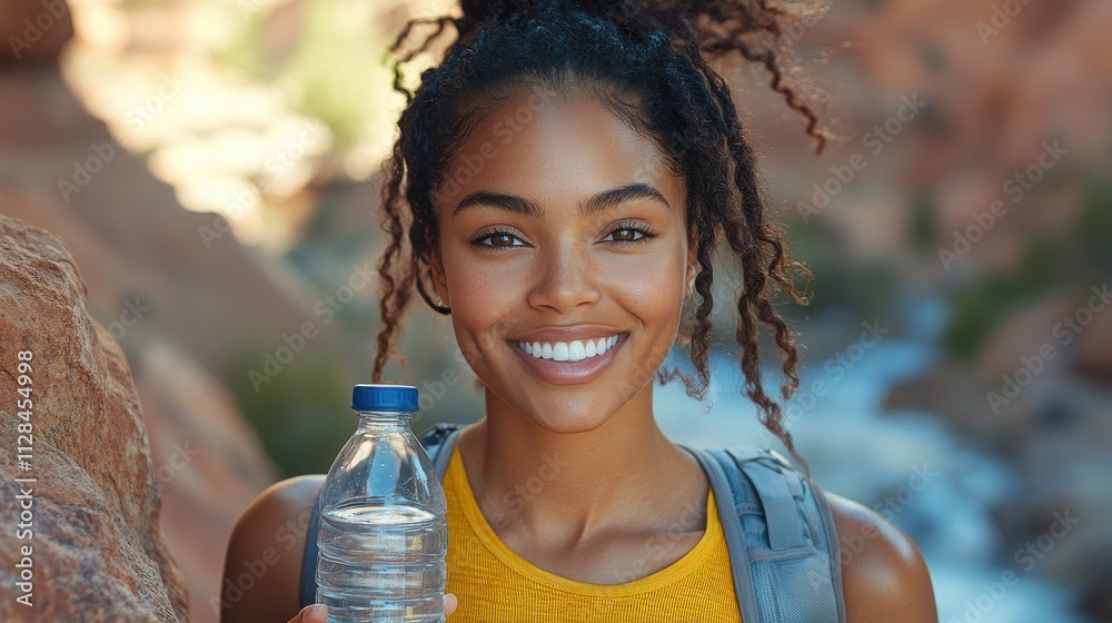fit african american woman relaxing at the valley of fire park while carrying a water bottl ...