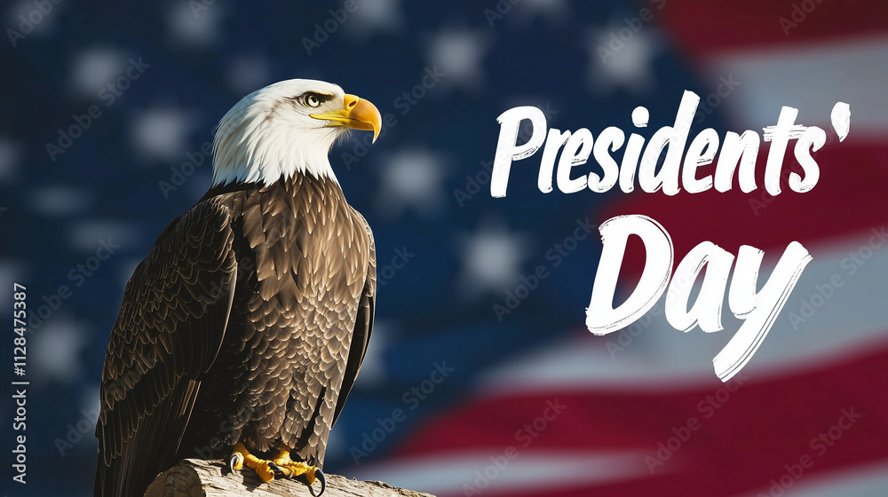 Bald eagle with copy space us flag background. happy presidents day ...
