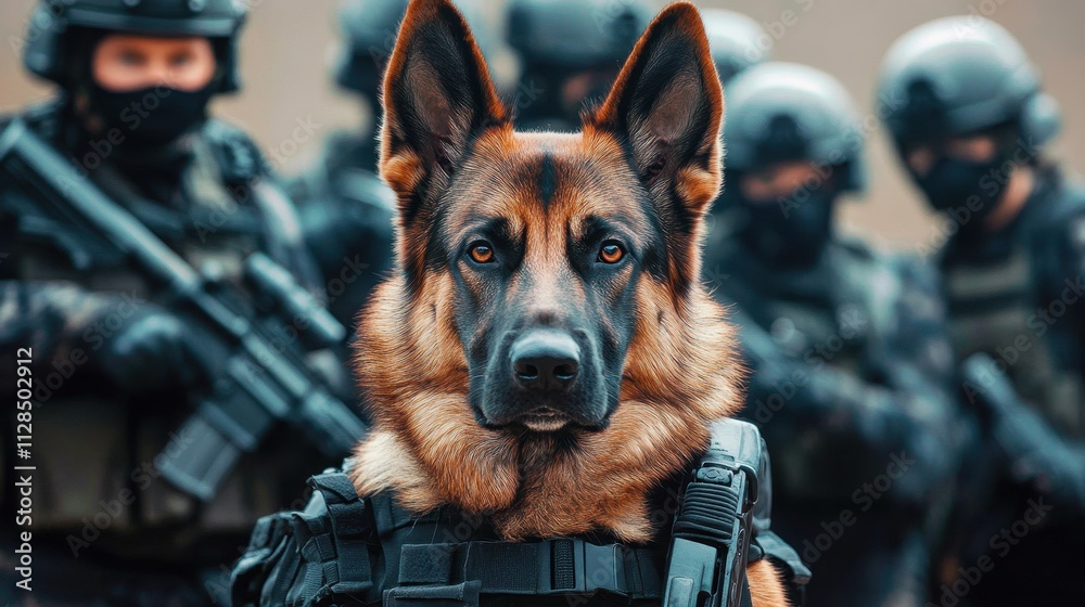 German Shepherd in tactical vest, flanked by armed soldiers ...