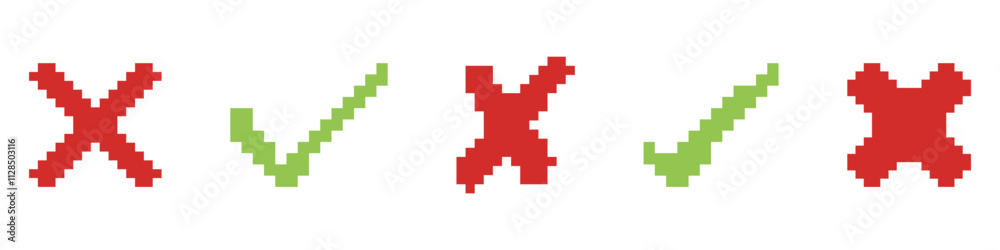 Green Checkmark and Red Cross Pixel Icon Set. Retro Style Check and ...