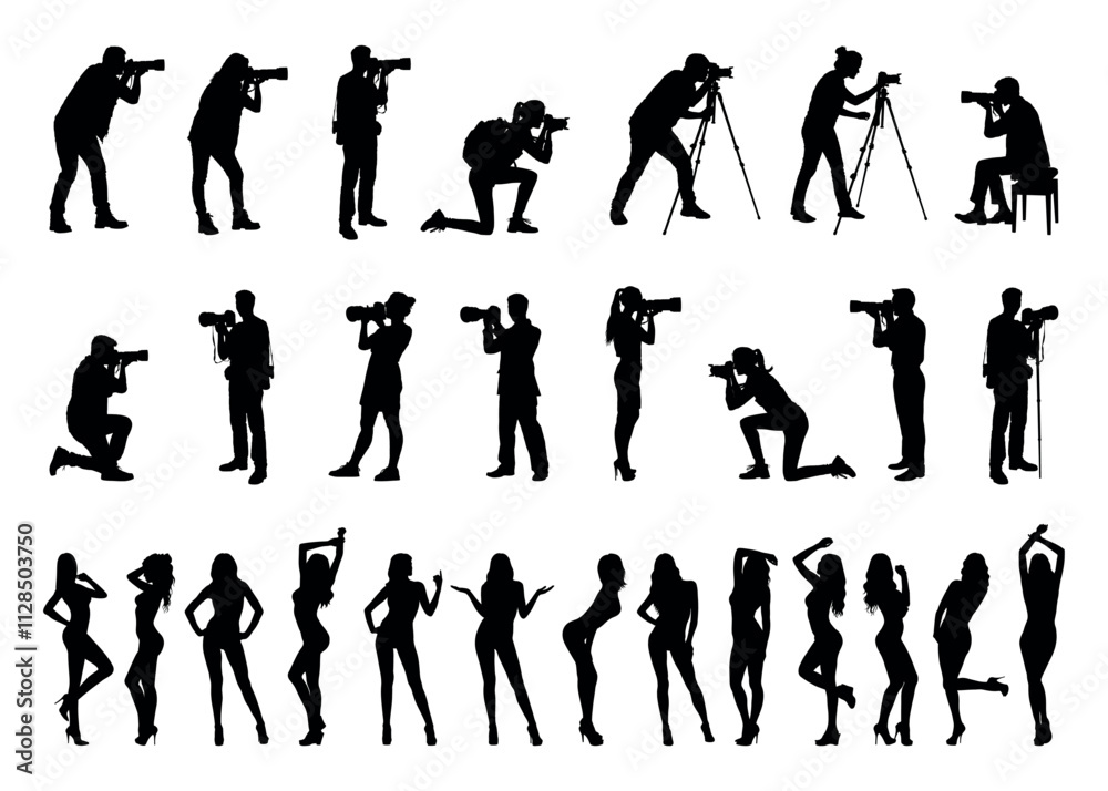 Set Of Male And Female Photographers And Group Of Sexy Women As Model In Various Poses Vector