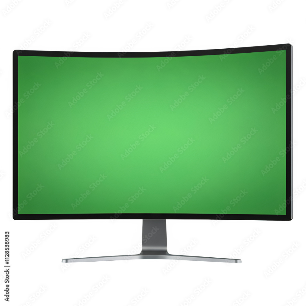 a curved ultrawide desktop monitor with LED accents and a green chroma ...