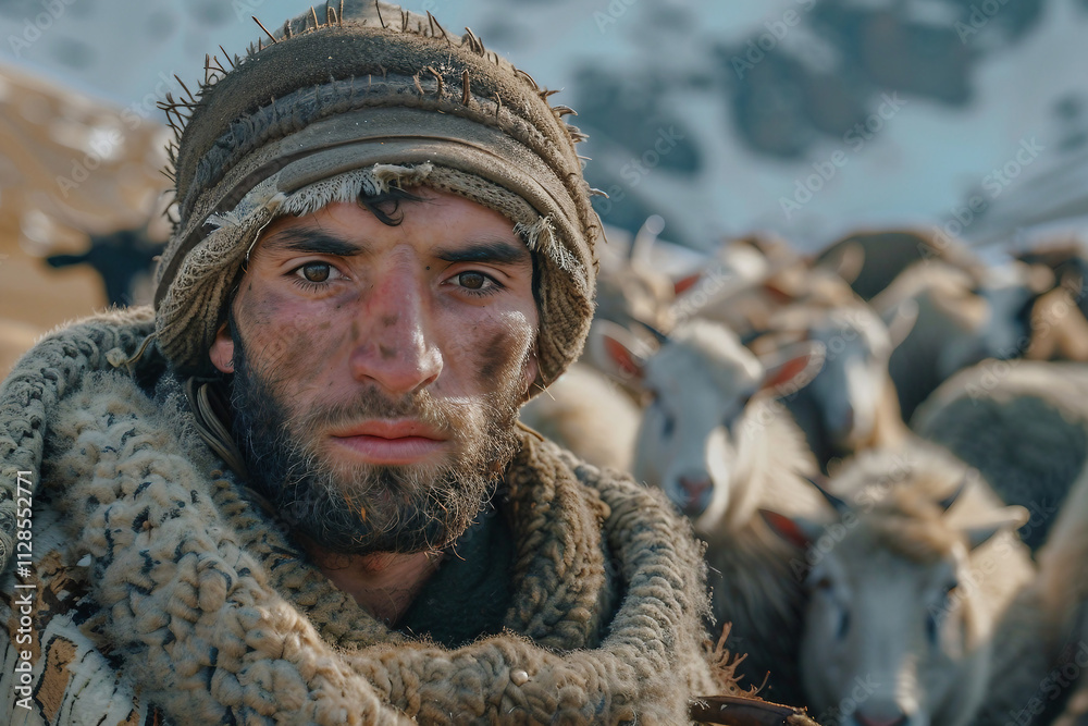 Shepherd with his staff guiding his flock of sheep across the tranquil ...