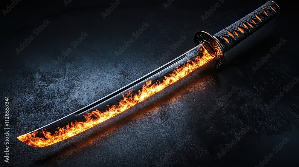 Sword with controlled fire, modern katana with sleek black handle ...