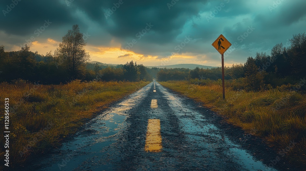 unreal setting with a split road and arrows on the signposts indicating ...