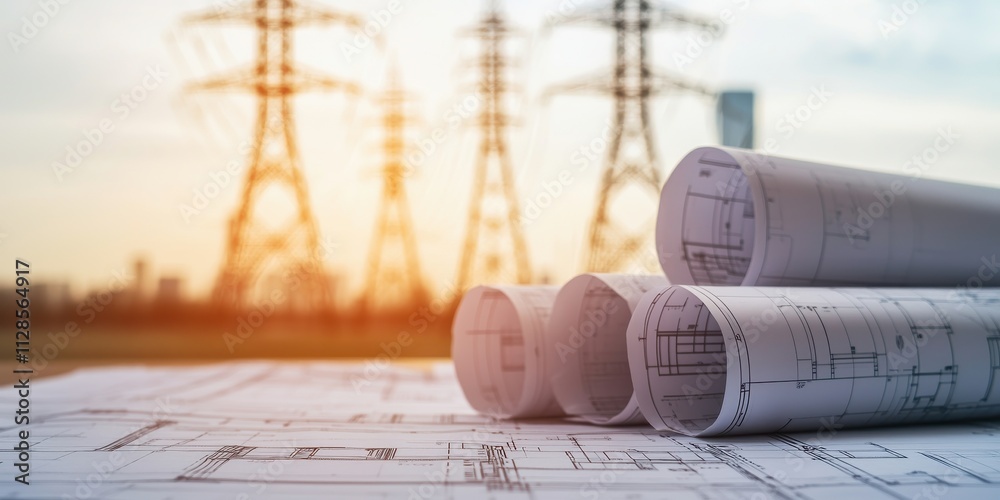 Blueprints laid on the ground with power lines in the background ...