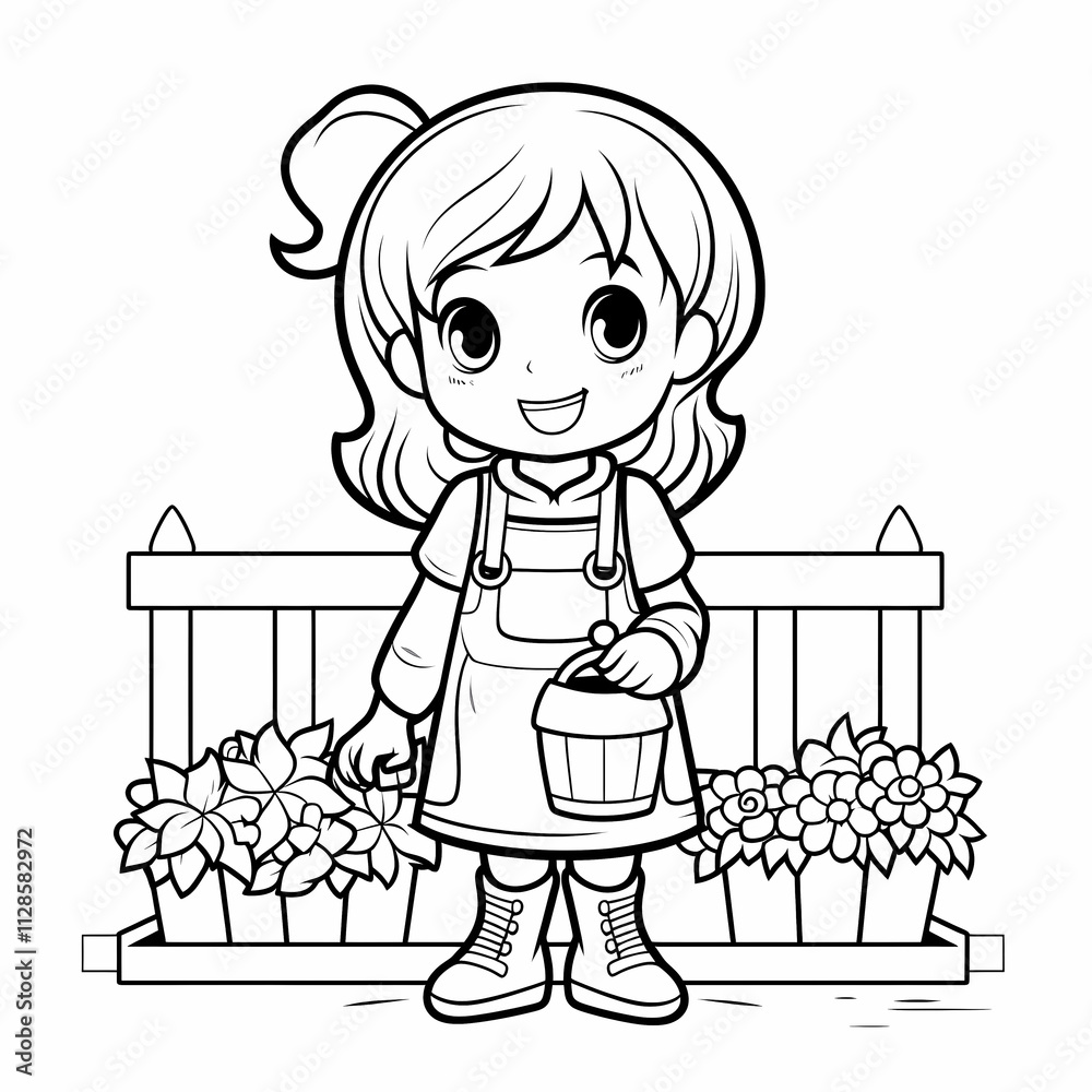 Coloring page kawaii anime manga a little girl gardening with some ...