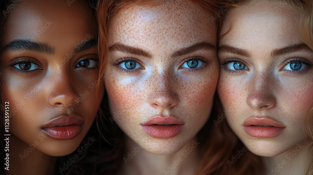 Three women with different skin tones and hair colors are standing next ...