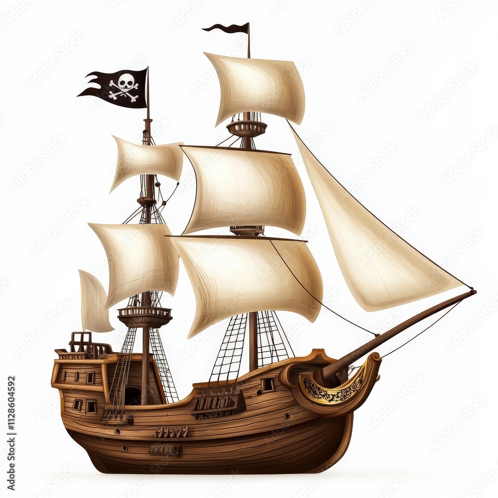A detailed illustration of a classic pirate ship with sails, a skull ...