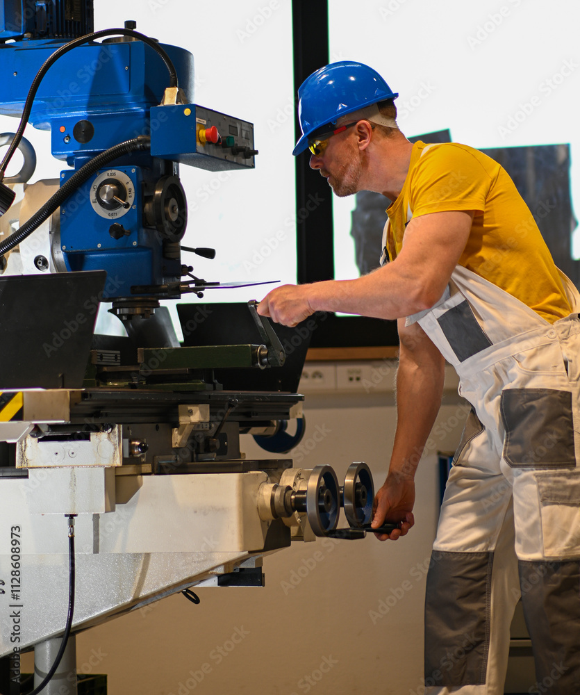 Factory worker operating a milling machine, demonstrating workplace ...