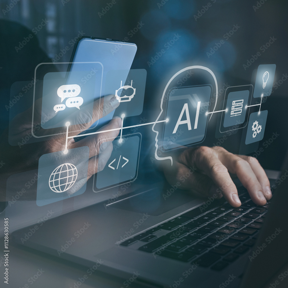 Man using virtual screen on laptop. Artificial intelligence new ...