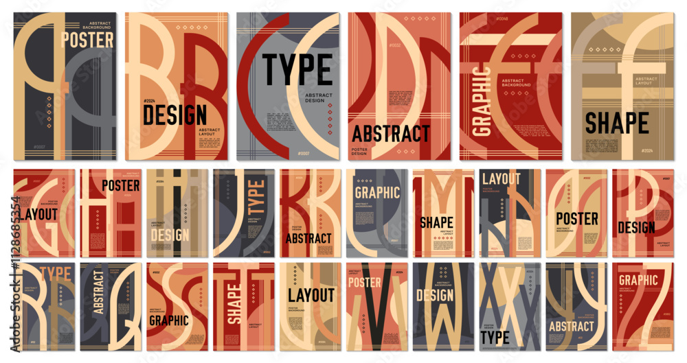 Art deco typography book covers, abstract alphabet poster templates ...