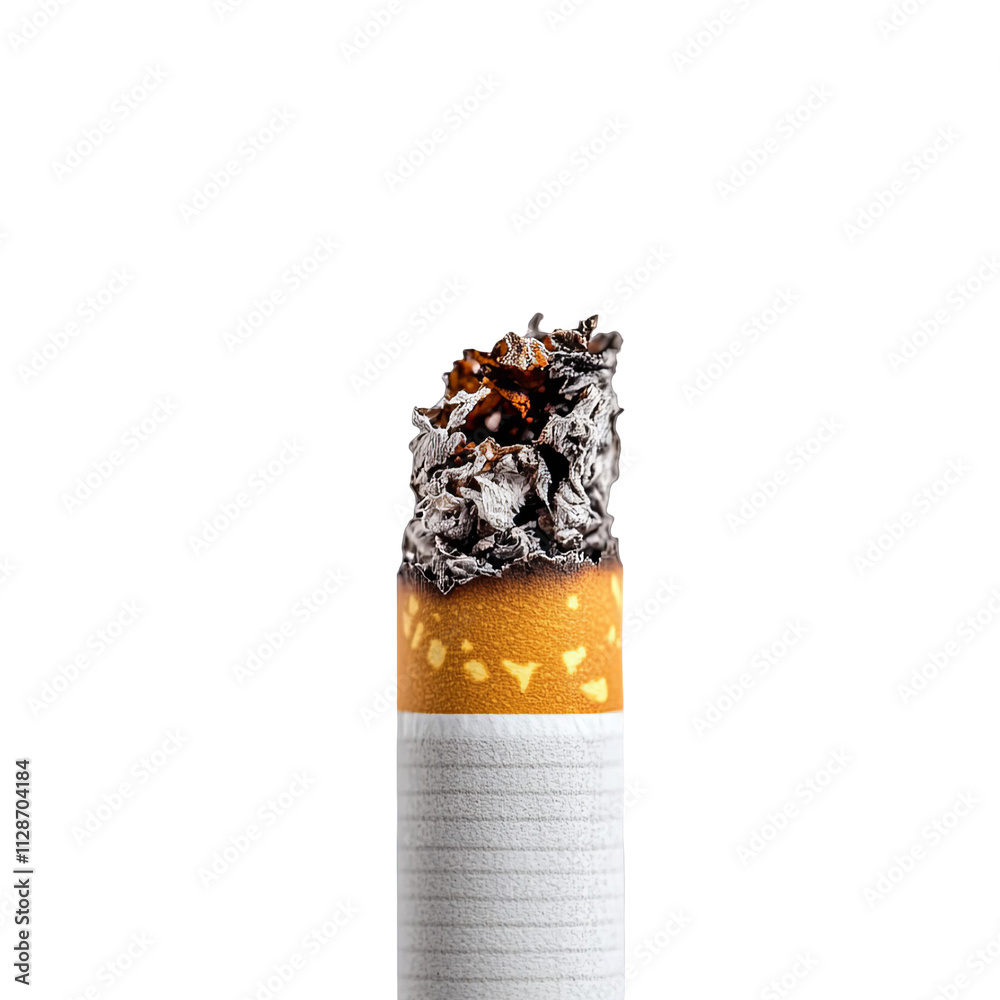 Burning cigarette with ash and smoke on white background smoking ...