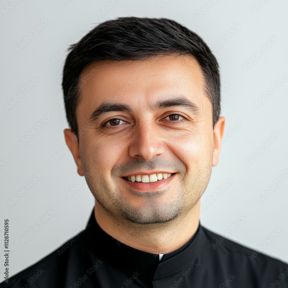 Smiling priest isolated on white background, representing religious ...