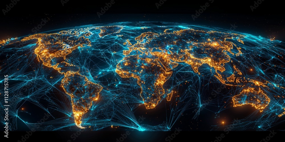 Global Network Connections Illuminated Earth Map High Resolution Stock Illustration | Adobe Stock