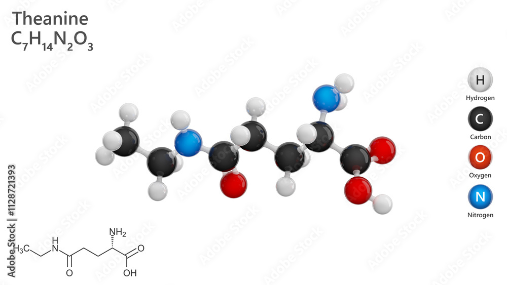 Molecule: Theanine. Green tea extract. Molecular structure. Formula ...