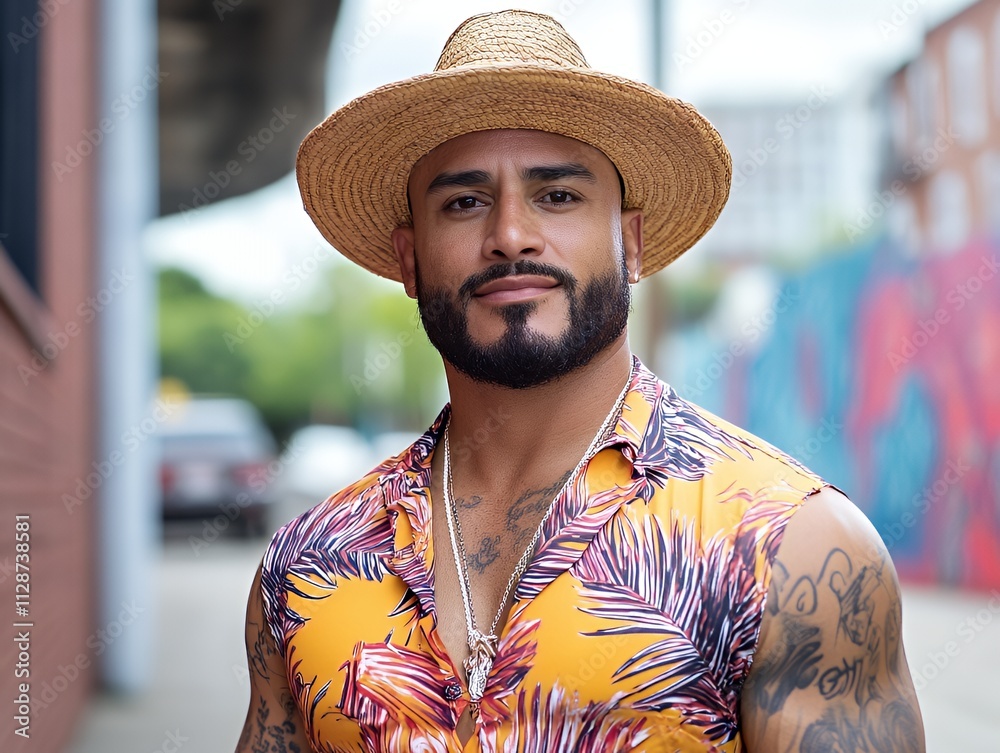Man in Puerto Rican traditional attire wearing a panama hat Stock Photo ...