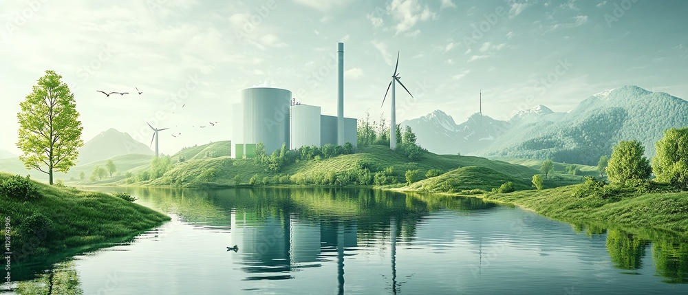 Green hydrogen factory on a natural landscape, powered by renewable ...