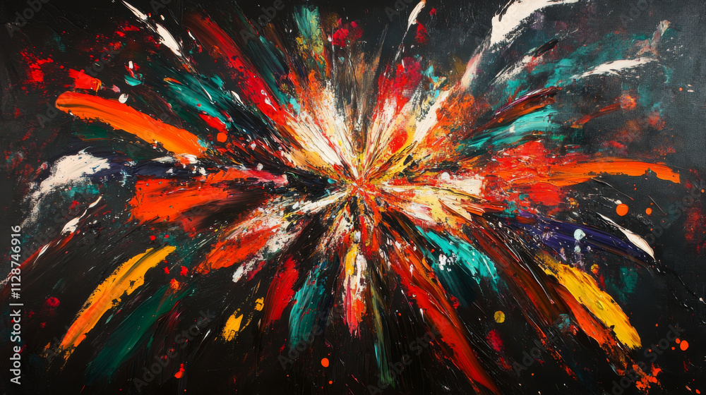 Colorful abstract explosion of paint on canvas created by a ...