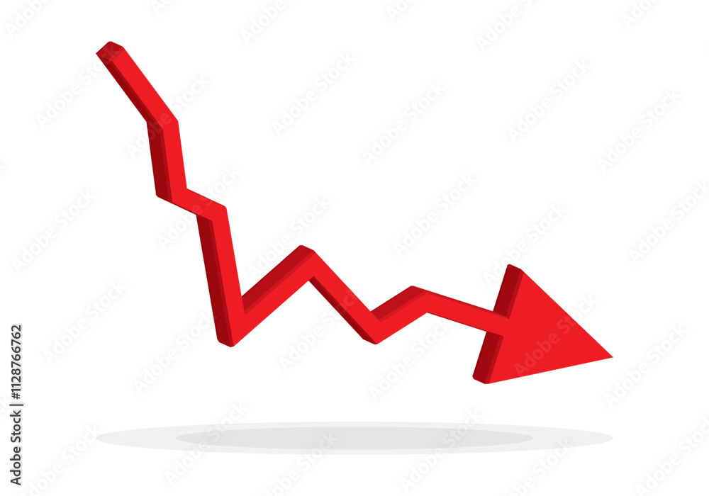 Red 3d arrow going down stock icon on white background. Bankruptcy, financial market crash icon ...