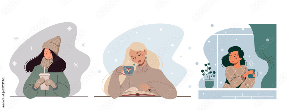 Set ov winter avatars with beautiful young women drinking coffee ...