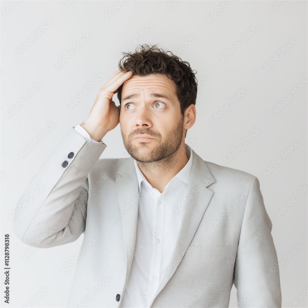 Confused young man in a white blazer scratching his head, portraying ...