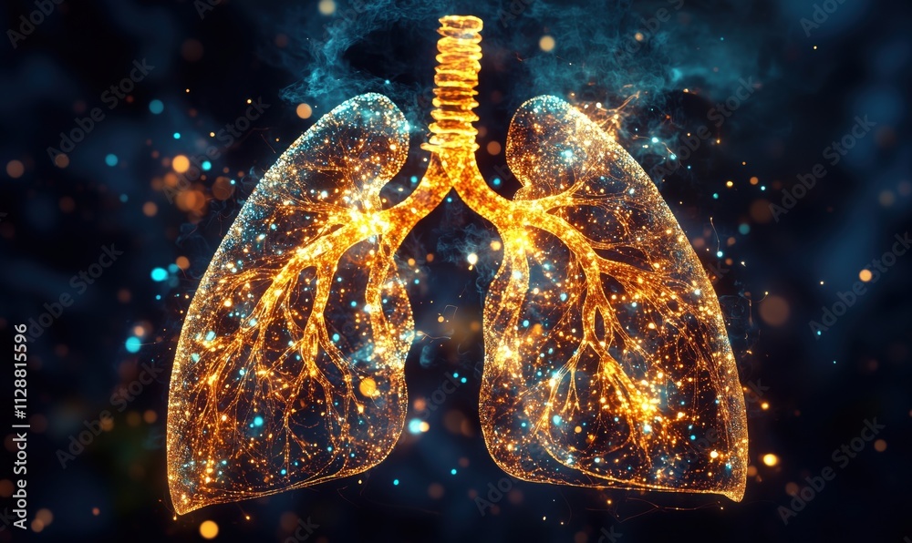 Glowing lungs with cosmic particles, intricate network of bronchi and ...