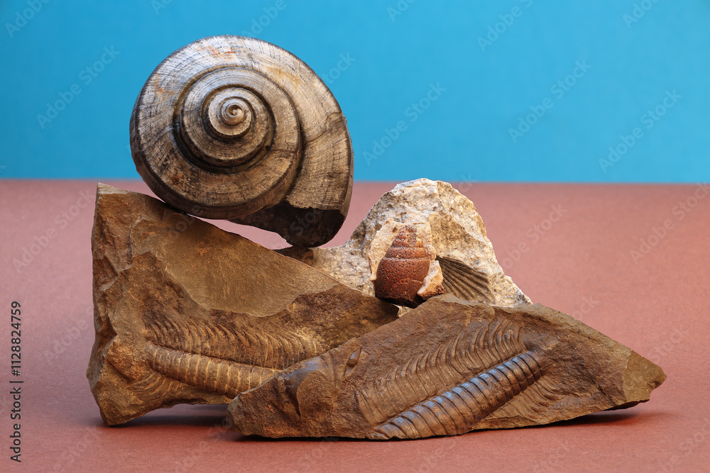 Still life with one shell and fossils. Photo with maximizing depth of ...