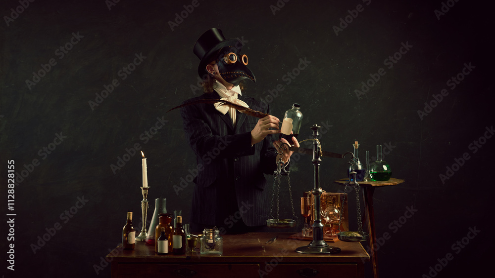 Plague doctor holding large bottle, surrounded by alchemical equipment ...