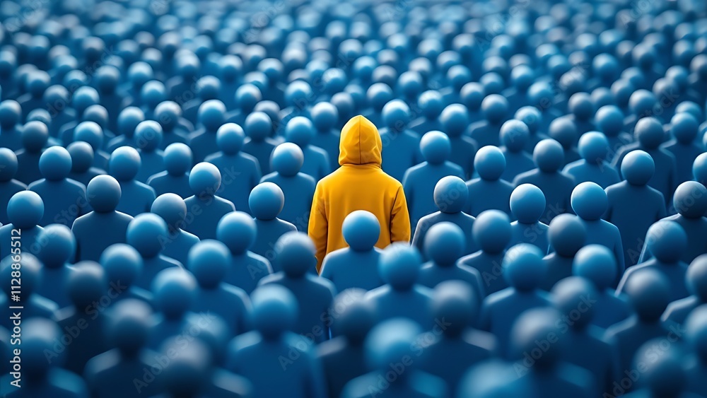 A single yellow figure stands out among a crowd of blue figures. Stock ...