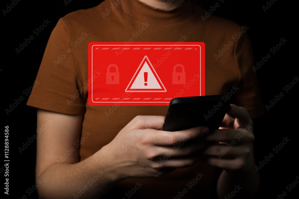 Mobile phone data breach warning. The concept of a cyber attack on a computer network. Malware ...