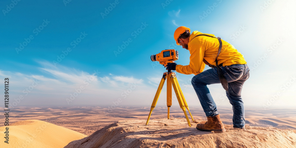 Engineer surveys desert landscape with total station for site analysis ...
