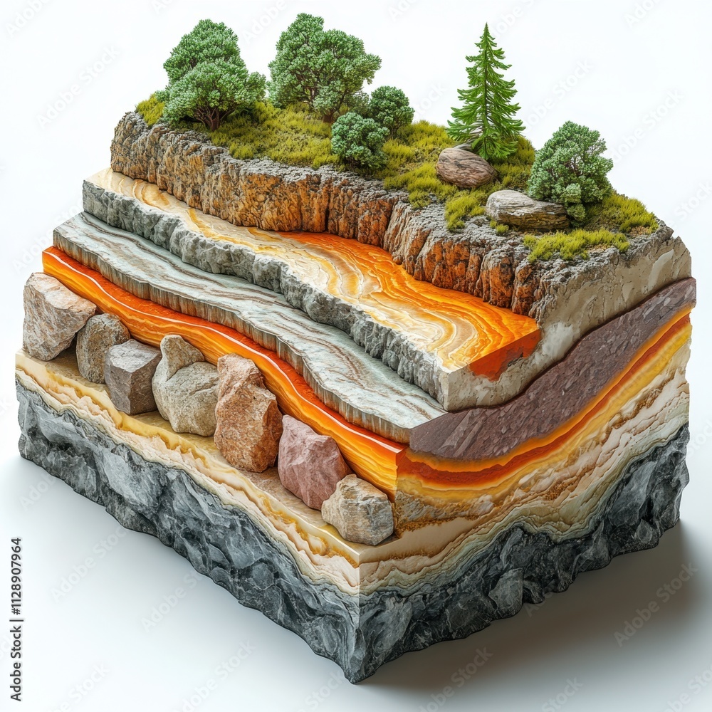 A detailed 3D isometric minimalistic cross-section of the Earth's crust ...