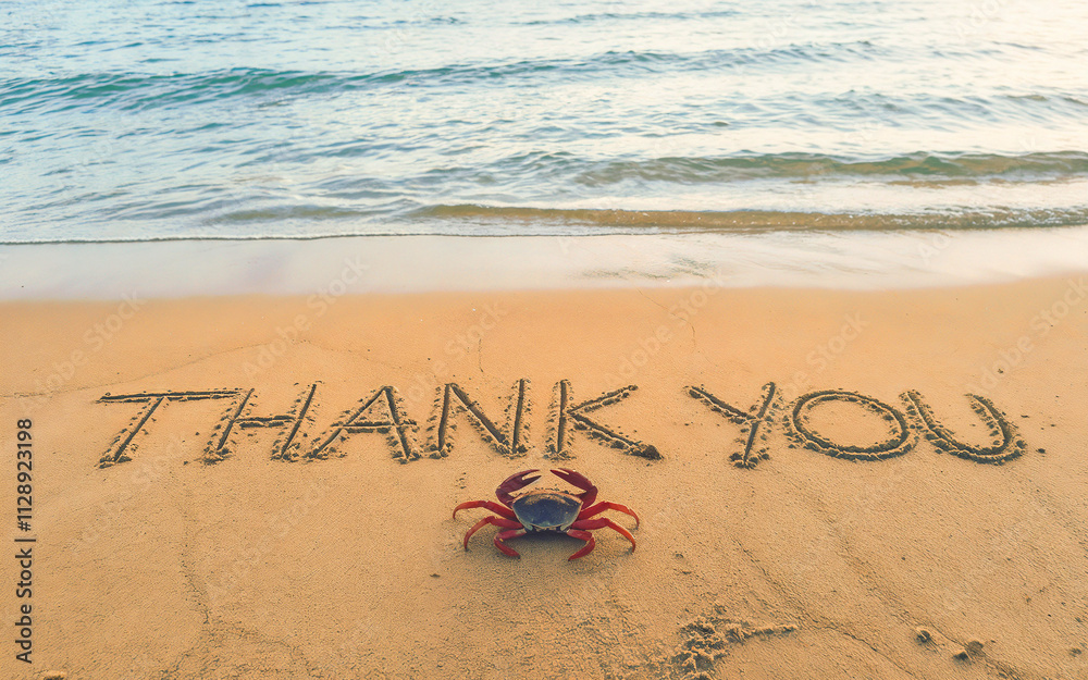 Стоковая иллюстрация «Thank you text written on beach sand with a crab ...