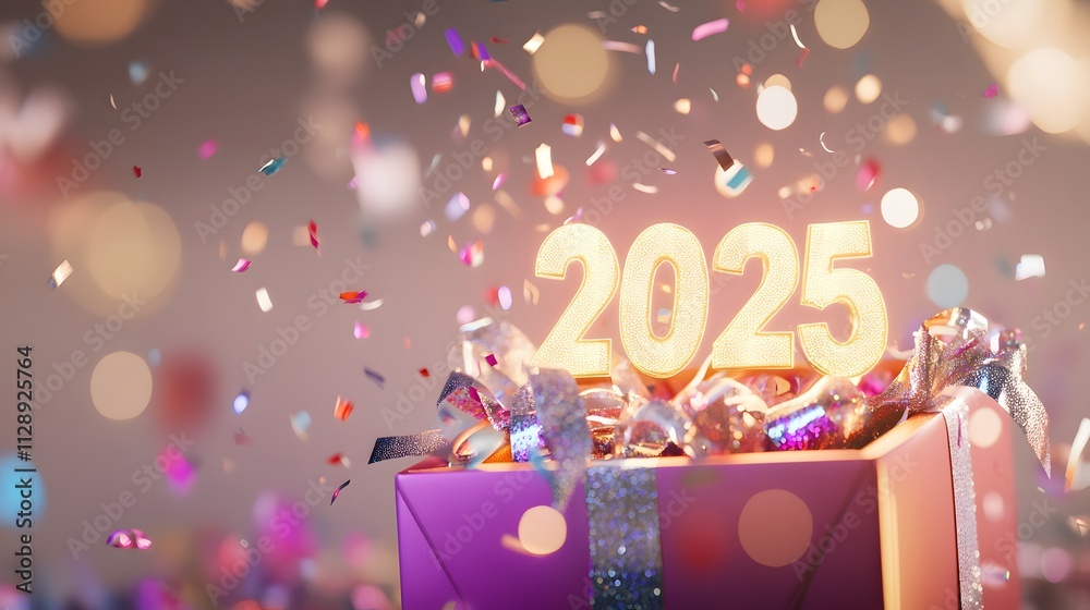 Festive New Year Celebration with Colorful Confetti and Glittering Gift ...
