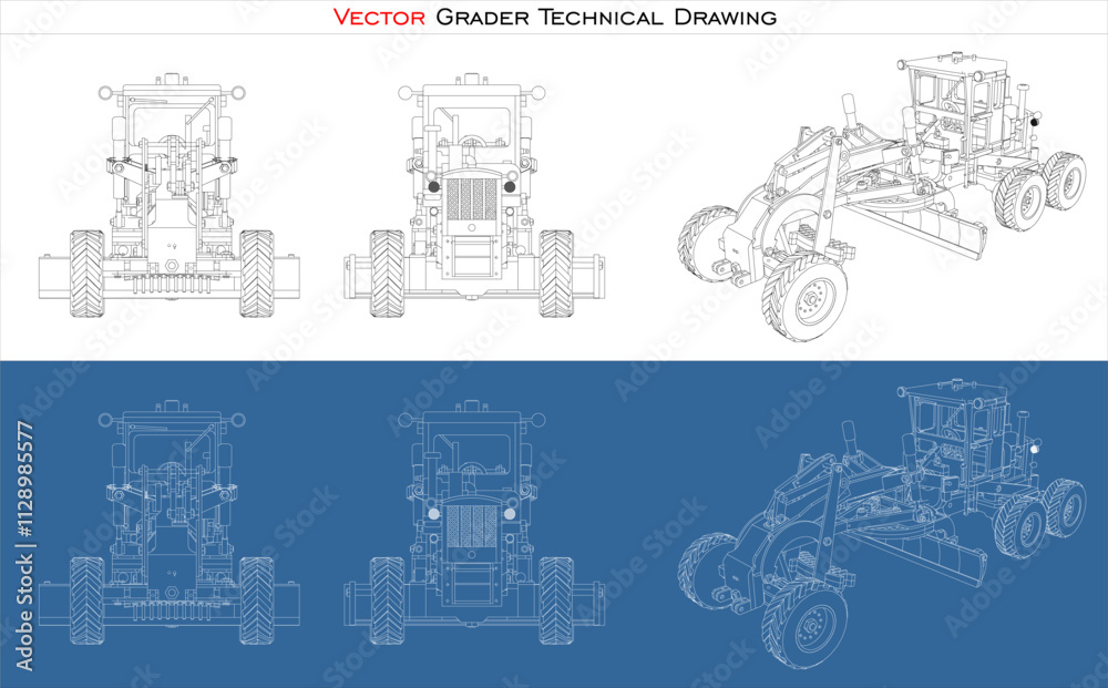 vector Grader line art draw blueprint wireframe from all view top ...