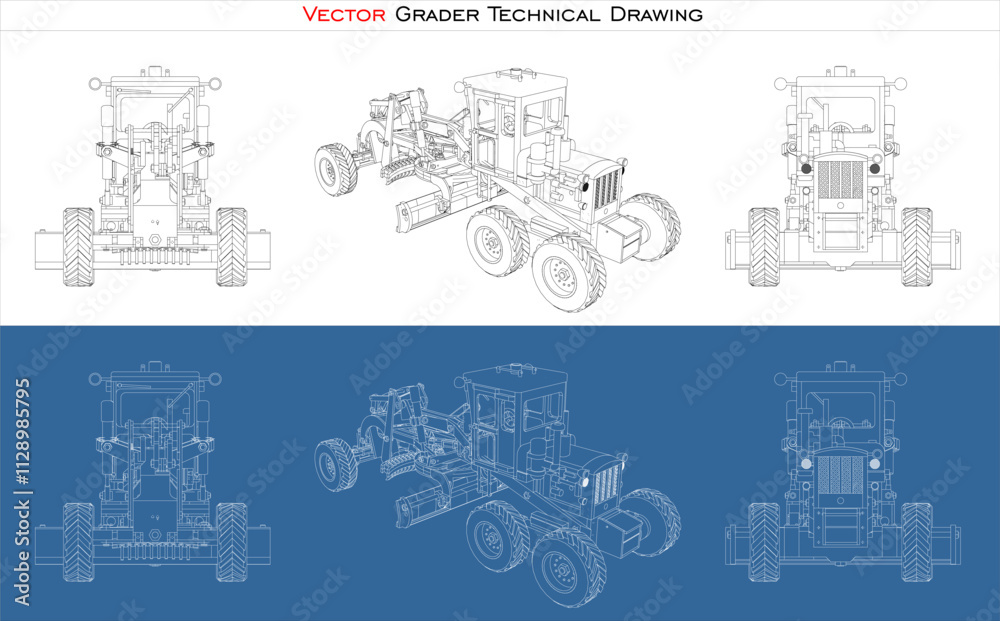 Set Grader line draw blueprint wireframe from all view front, side and ...