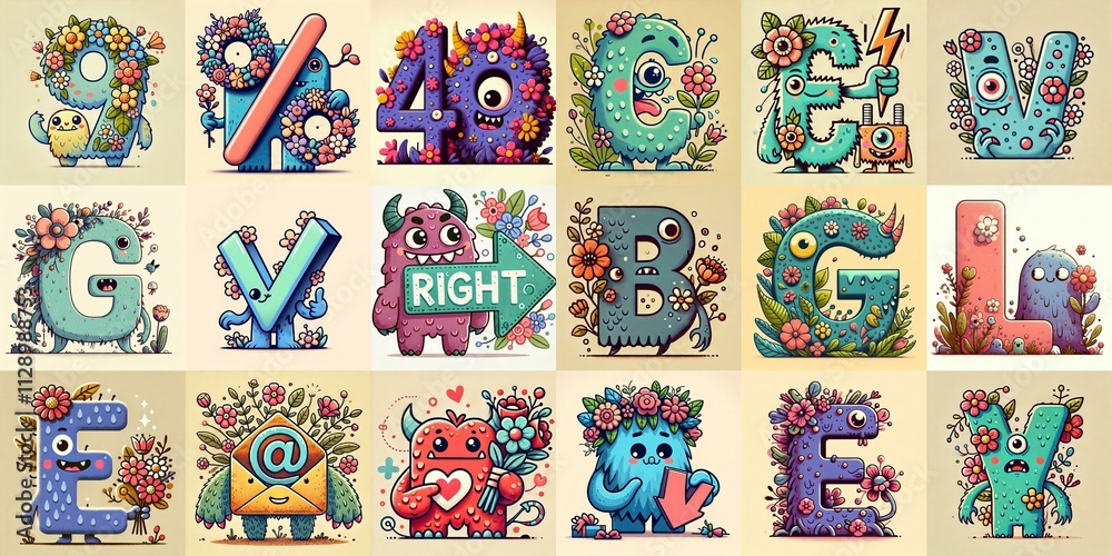 Cartoon Flowers Monster Lettering Typeface. AI generated illustration ...